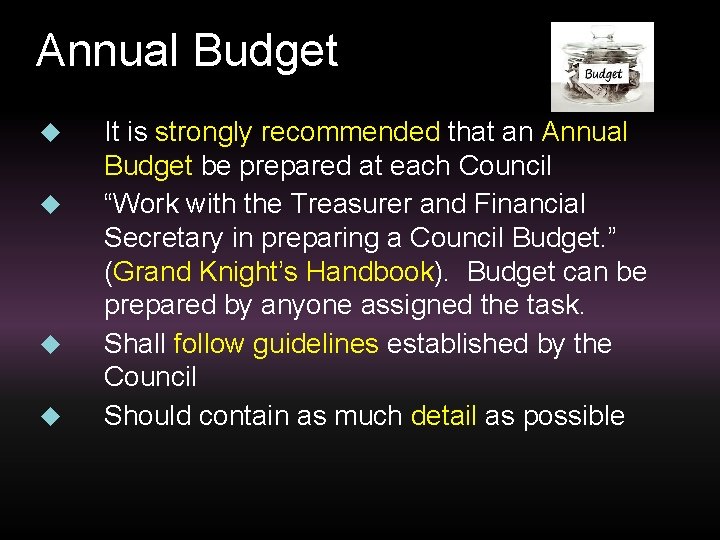 BUDGET BUDGET VOUCHERS AND AUDITS KNIGHTS OF COLUMBUS