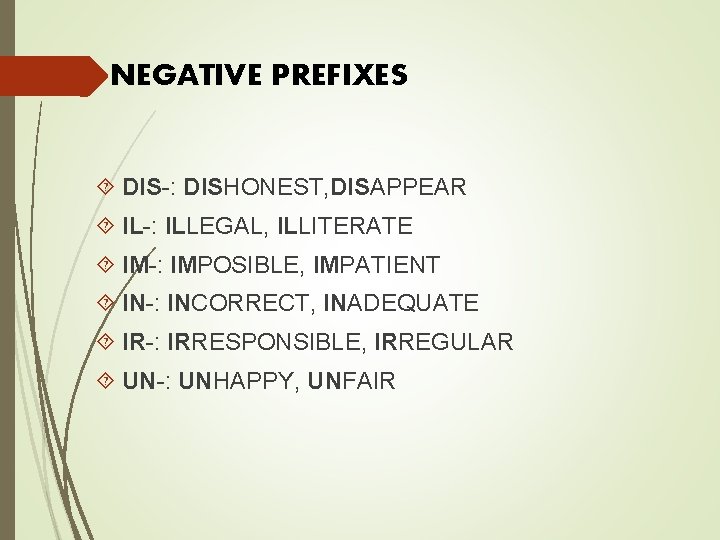 Word formation PREFIXES AND SUFFIXES NEGATIVE PREFIXES DIS