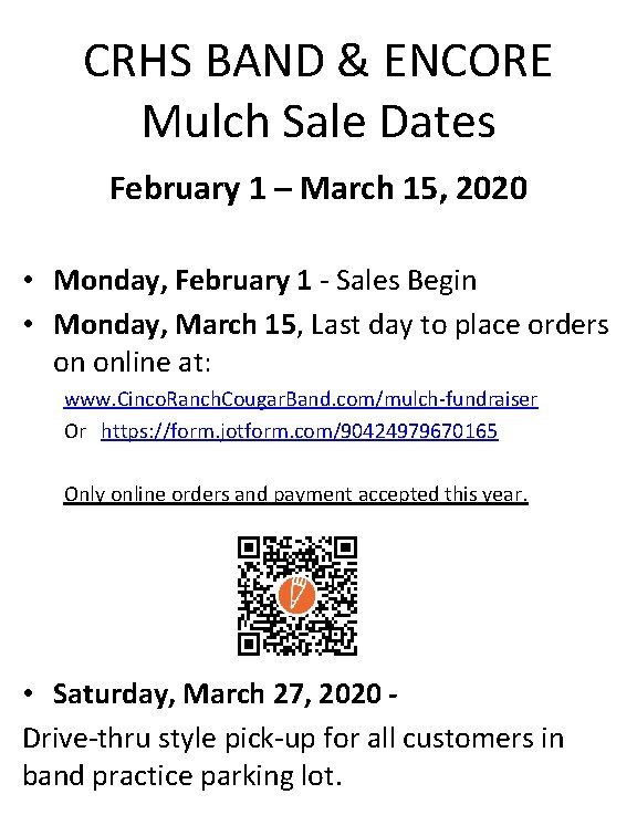 Cinco Ranch High School Cougar Band Mulch Sale