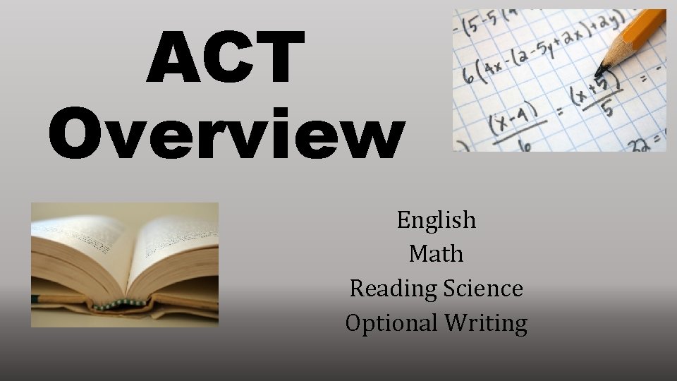 ACT Overview English Math Reading Science Optional Writing