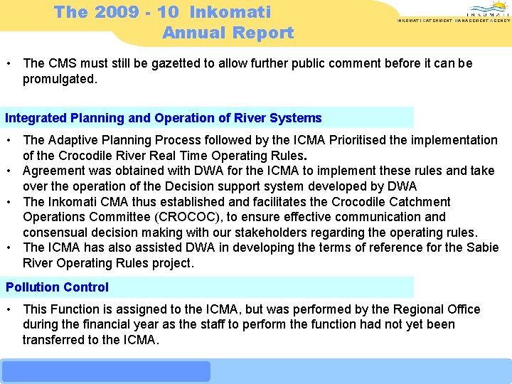 The 2009 10 Inkomati Annual Report INKOMATI CATCHMENT