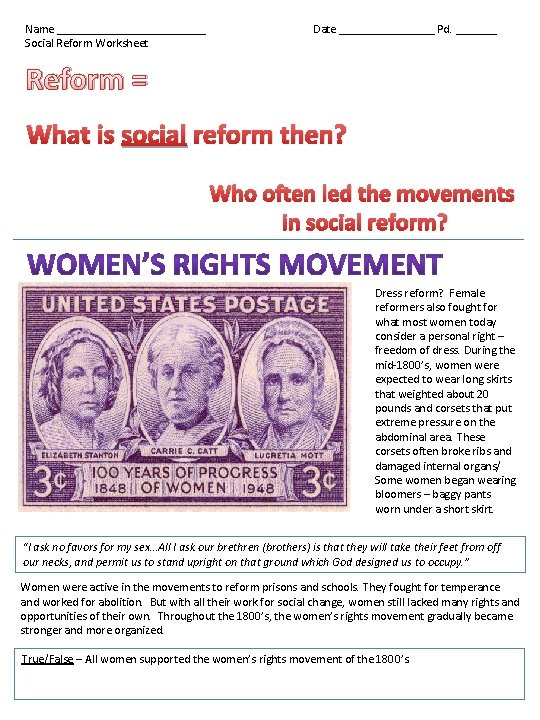 Name Social Reform Worksheet Date Pd Reform What