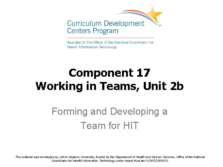 Forming and Developing a Team for HIT Component