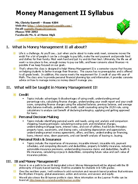 Money Management II Syllabus Ms Christy Garrett Room