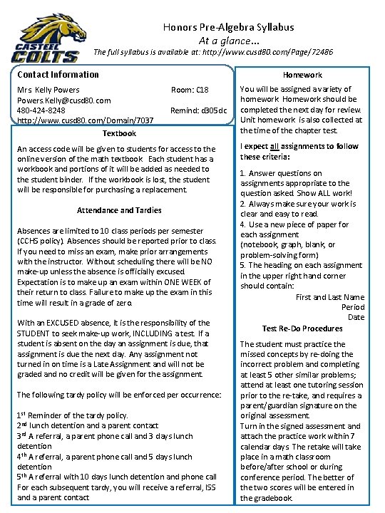 Honors PreAlgebra Syllabus At a glance The full