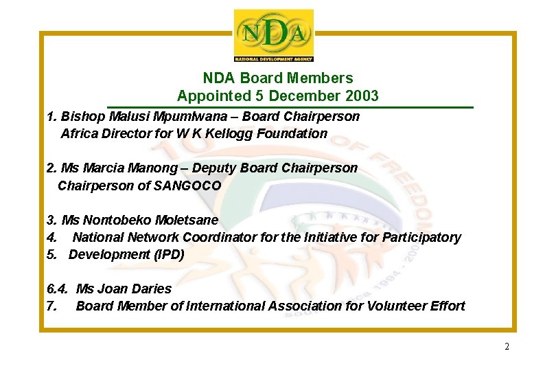 Wednesday 27 October 2004 The National Development Agency