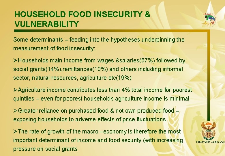 DEPARTMENT AGRICULTURE Integrated Food Security and Nutrition Programme