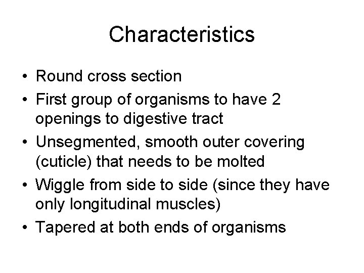 Nematodes The Roundworms Characteristics Round cross section First