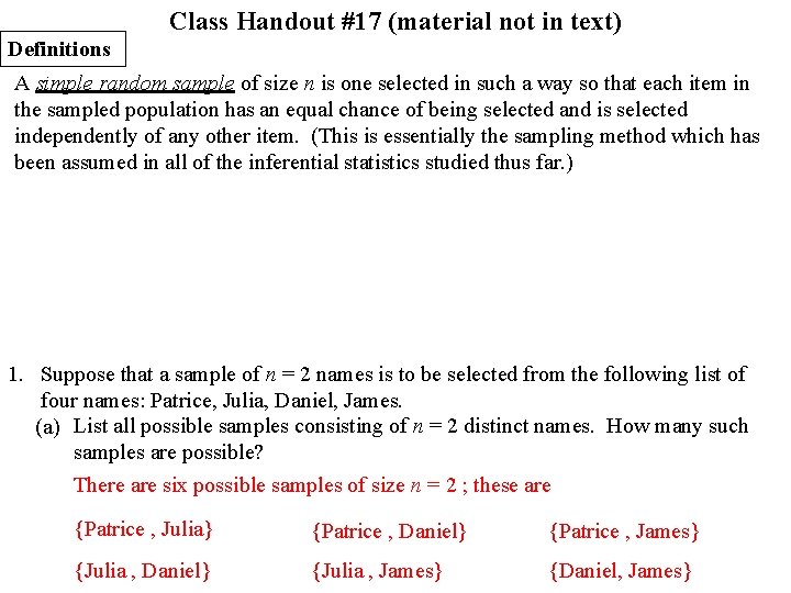 Class Handout 17 material not in text Definitions