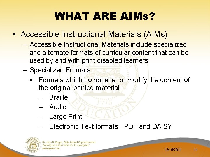 Getting and Using Accessible Instructional Materials AIMS What