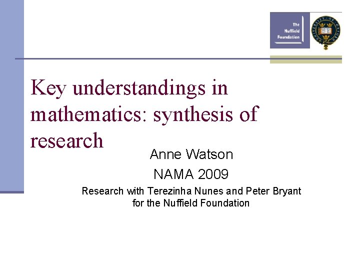 Key understandings in mathematics synthesis of research Anne