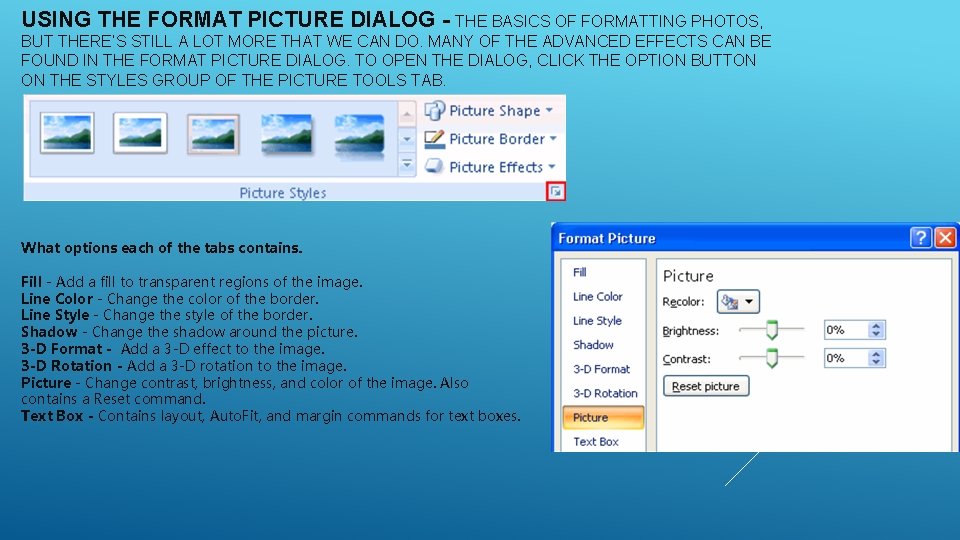 WORKING WITH GRAPHICS v Insert a picture from