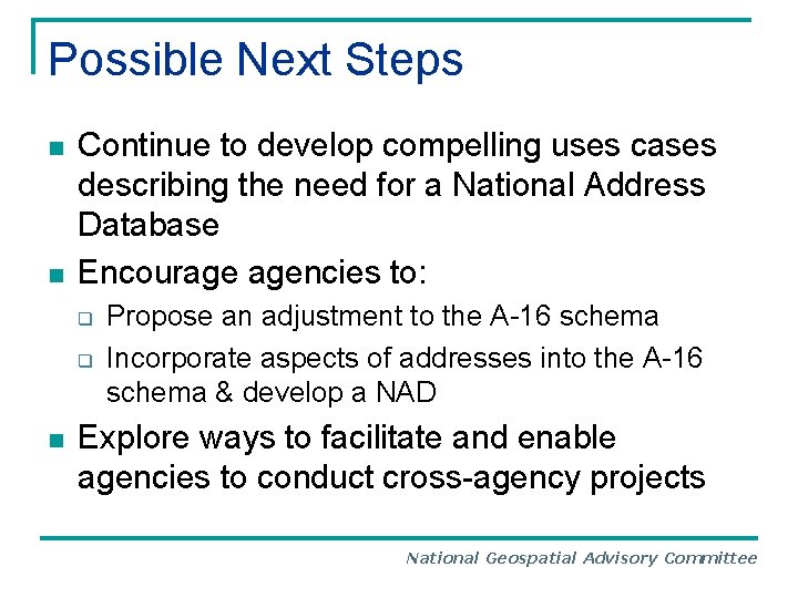 NATIONAL ADDRESS DATABASE Background Overview Report Tony Spicci