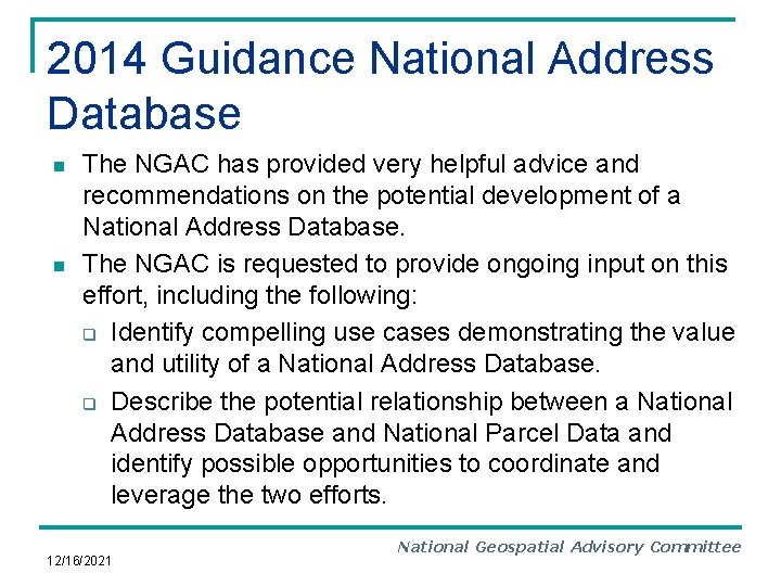 NATIONAL ADDRESS DATABASE Background Overview Report Tony Spicci