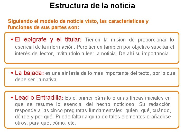 Caractersticas y estructura de la noticia Objetivo de