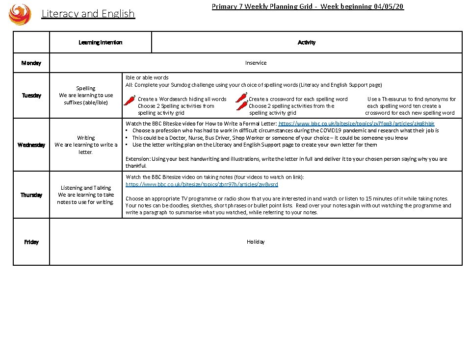 Literacy and English Primary 7 Weekly Planning Grid