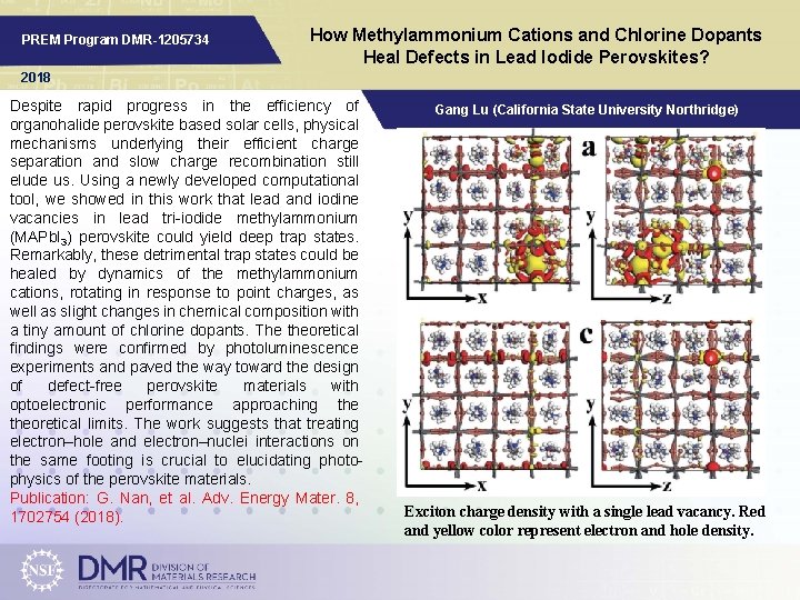 PREM Program DMR1205734 How Methylammonium Cations and Chlorine
