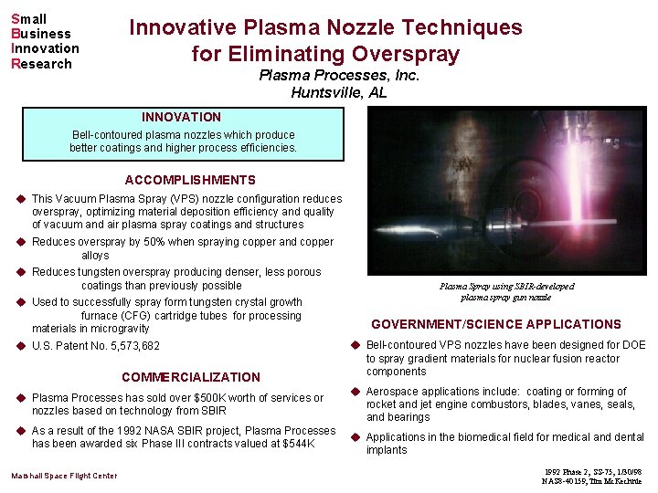 Small Business Innovation Research Innovative Plasma Nozzle Techniques