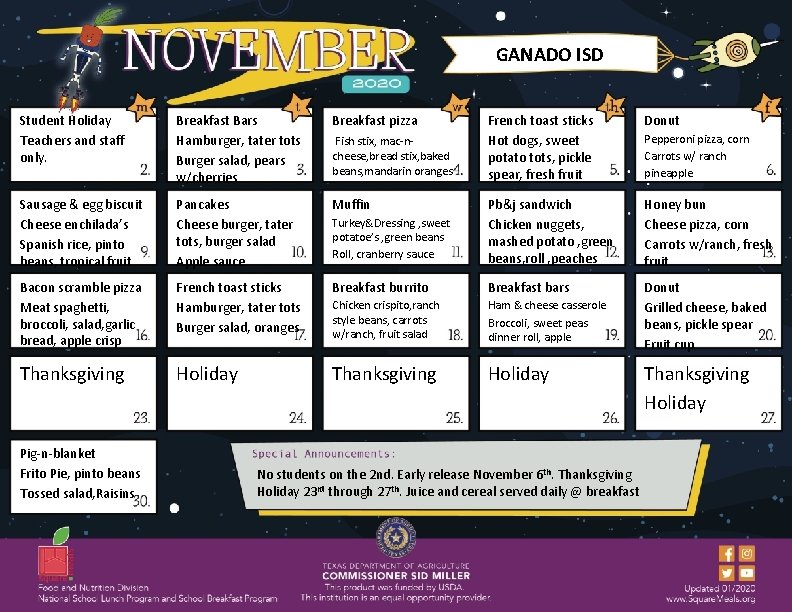 GANADO ISD Student Holiday Teachers and staff only