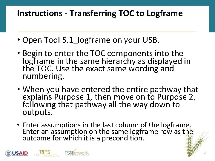 5 1 TOC Transfer to Logframe Indicators The