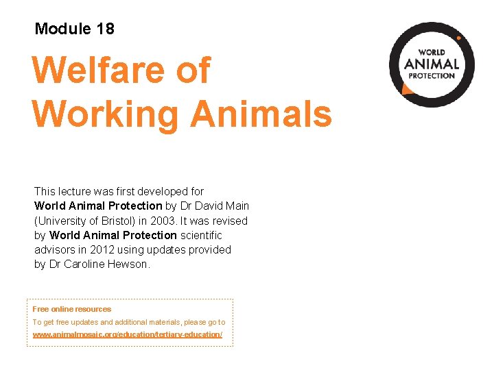 Module 18 Welfare of Working Animals This lecture