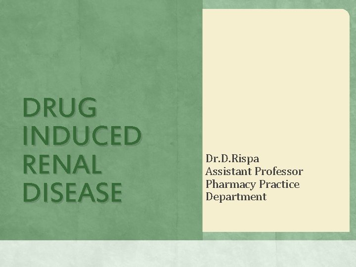 DRUG INDUCED RENAL DISEASE Dr D Rispa Assistant
