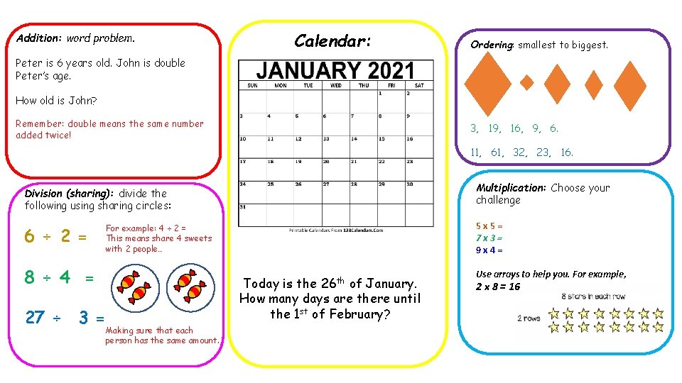 Calendar Addition word problem Ordering smallest to biggest