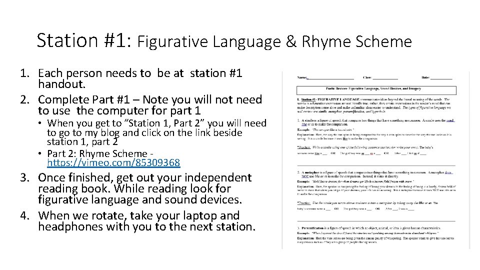 Station Directions Station 1 Figurative Language Rhyme Scheme