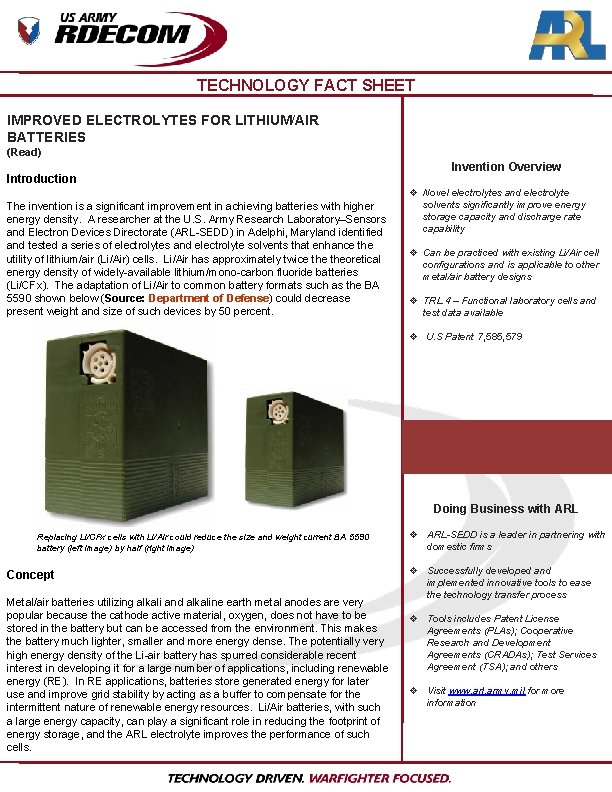 TECHNOLOGY FACT SHEET IMPROVED ELECTROLYTES FOR LITHIUMAIR BATTERIES