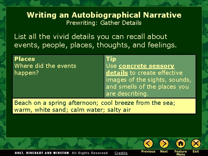 Writing Workshop Writing an Autobiographical Narrative Feature Menu