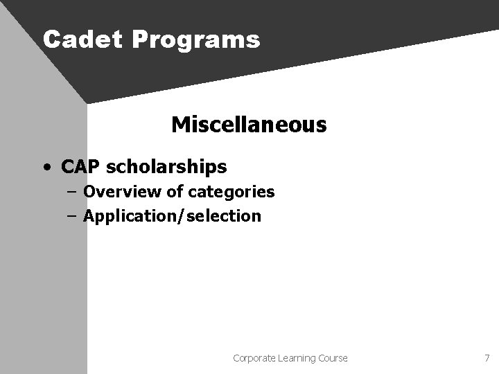 Cadet Programs Welcome Corporate Learning Course 1 Cadet
