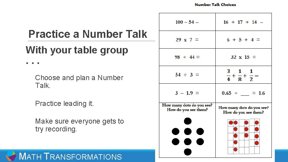 MATH TRANSFORMATIONS Number Talks VALLEY MATH INDUCTION SERIES
