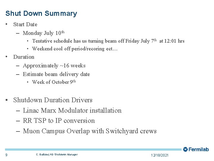 Summer Shutdown Planning 6117 Cons Gattuso Shutdown Planning