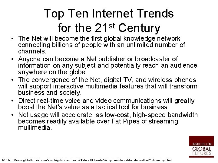 100 Top Trends for the 21 st Century