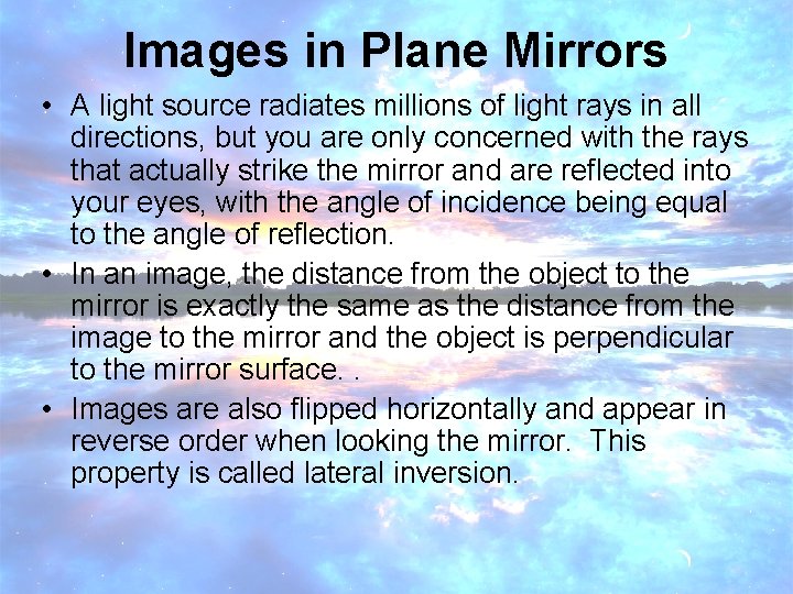 Optics Lesson 4 Reflection in Plane Mirrors Terminology