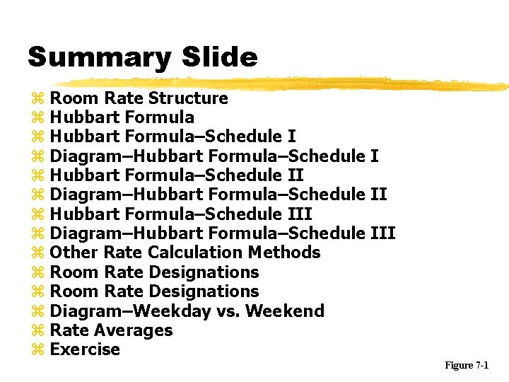 Summary Slide z Room Rate Structure z Hubbart
