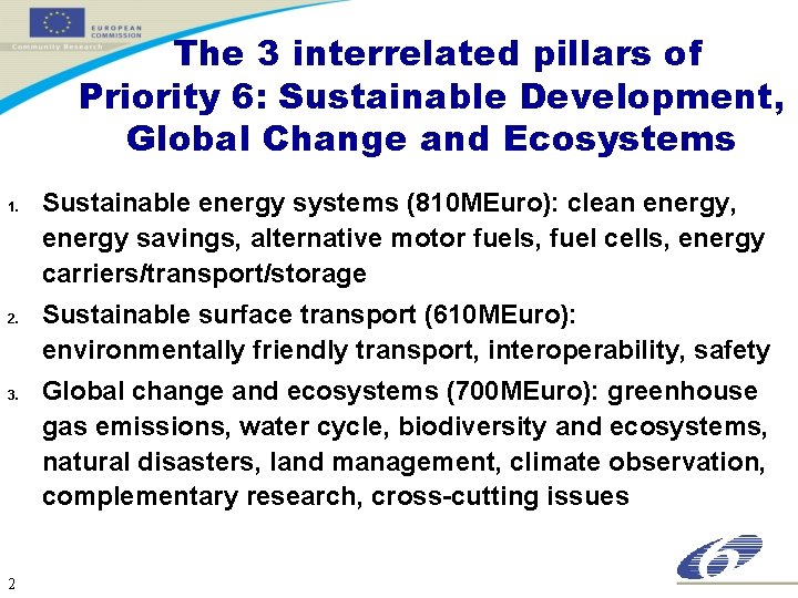 SUSTAINABLE DEVELOPMENT IN FP 6 Global Change and