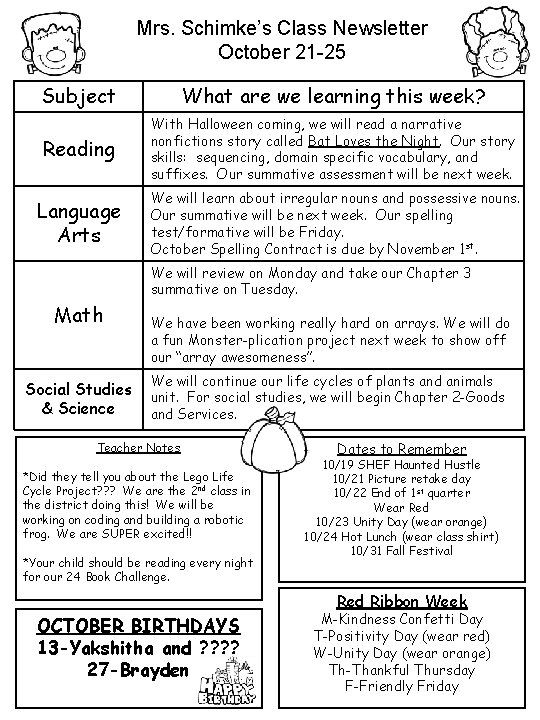Mrs Schimkes Class Newsletter October 21 25 Subject