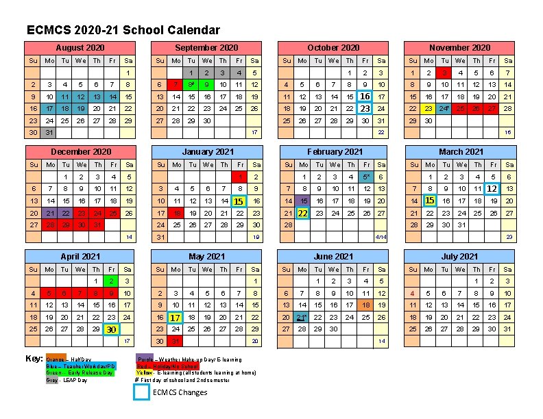 ECMCS 2020 21 School Calendar August 2020 Su