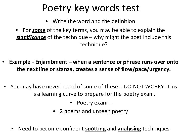 Poetry key words test Write the word and