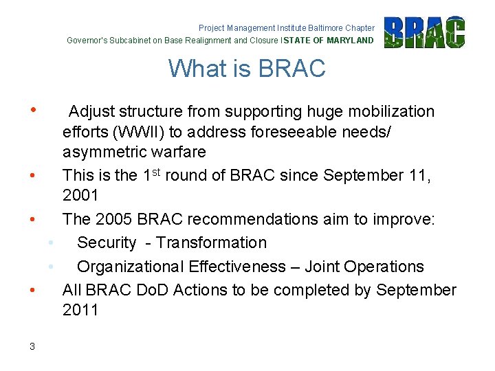 Project Management Institute Baltimore Chapter Governors Subcabinet on