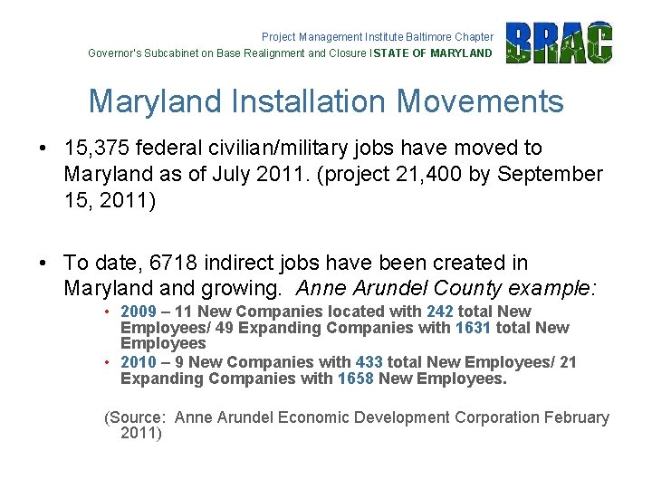 Project Management Institute Baltimore Chapter Governors Subcabinet on