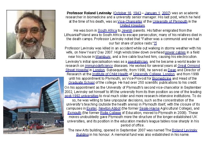 Professor Roland Levinsky October 16 1943 January 1