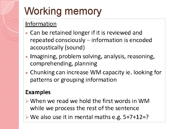 Memory sensory and working memory Psychology ATAR Unit