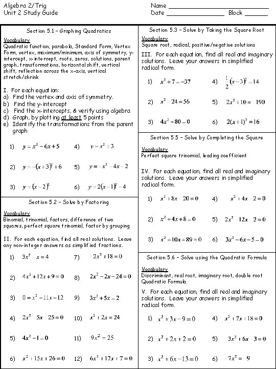 Algebra 2Trig Unit 2 Study Guide Name Date
