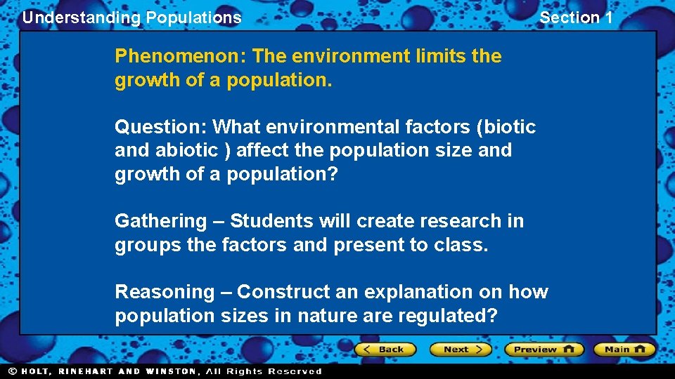 Understanding Populations Section 1 Phenomenon The environment limits