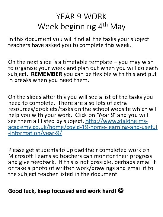 YEAR 9 WORK Week beginning 4 th May