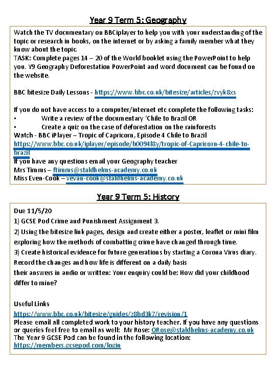 YEAR 9 WORK Week beginning 4 th May