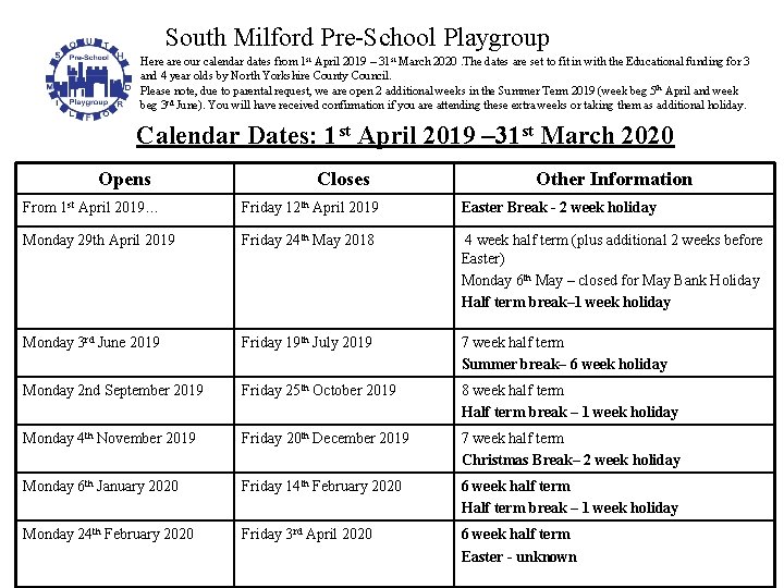 South Milford PreSchool Playgroup Here are our calendar