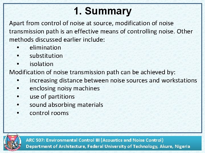 Modifying Noise Transmission Path ARC 507 Environmental Control